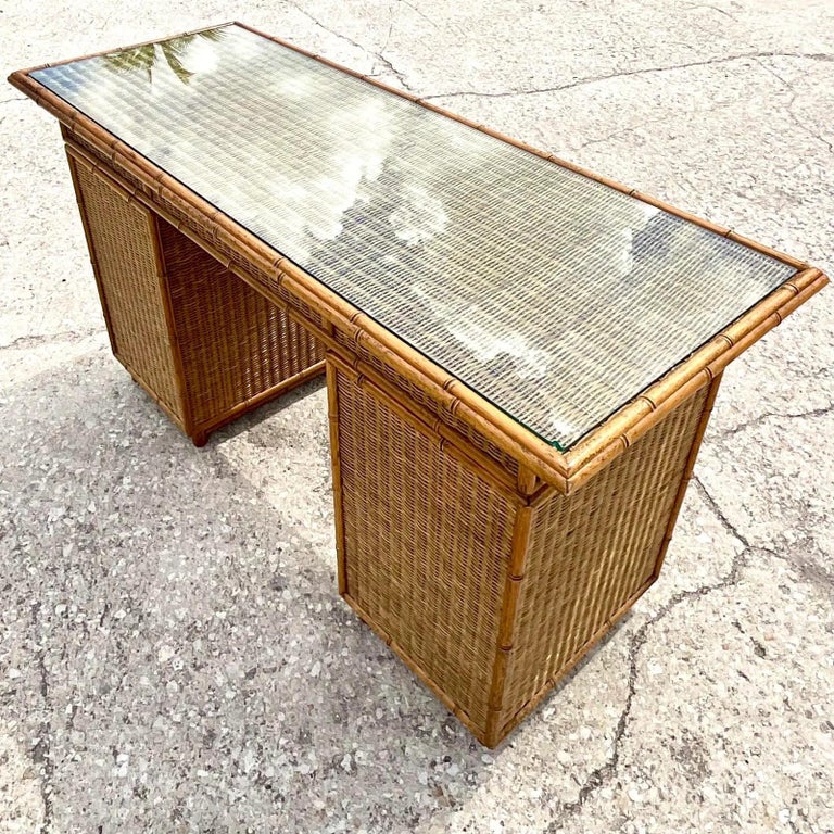 Vintage Coastal Woven Rattan Executive Desk at 1stDibs