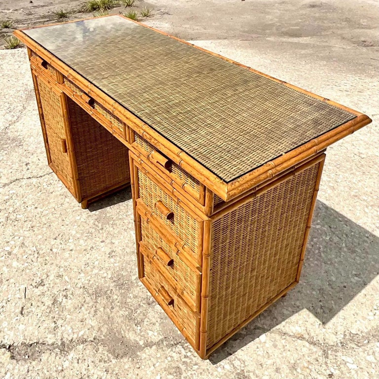 Vintage Coastal Woven Rattan Executive Desk at 1stDibs