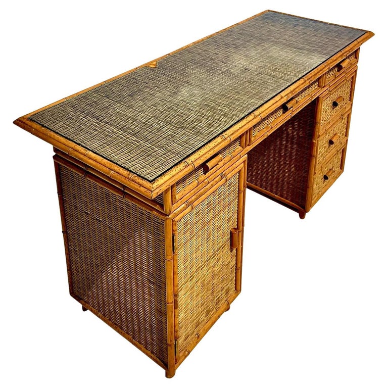 Vintage Coastal Woven Rattan Executive Desk at 1stDibs