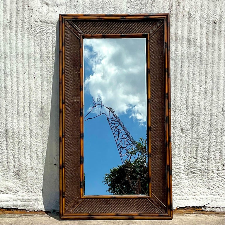 Vintage Coastal Woven Rattan Floor Mirror For Sale at 1stDibs