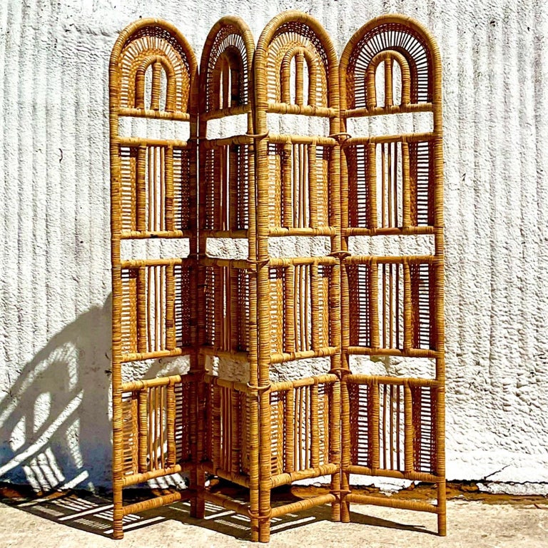 Vintage Coastal Woven Rattan Folding Screen For Sale at 1stDibs