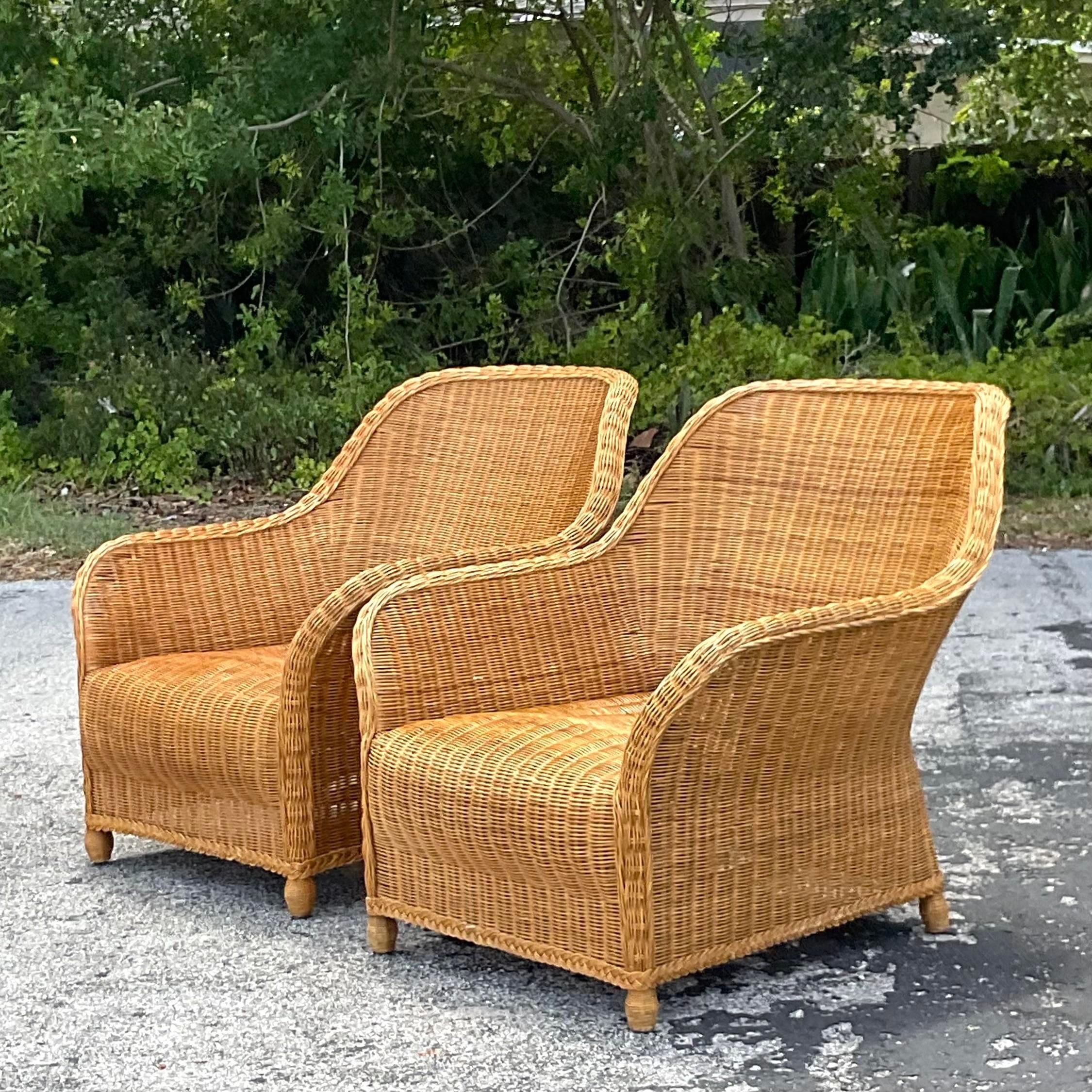 Vintage Coastal Woven Rattan Lounge Chairs - a Pair For Sale at 1stDibs