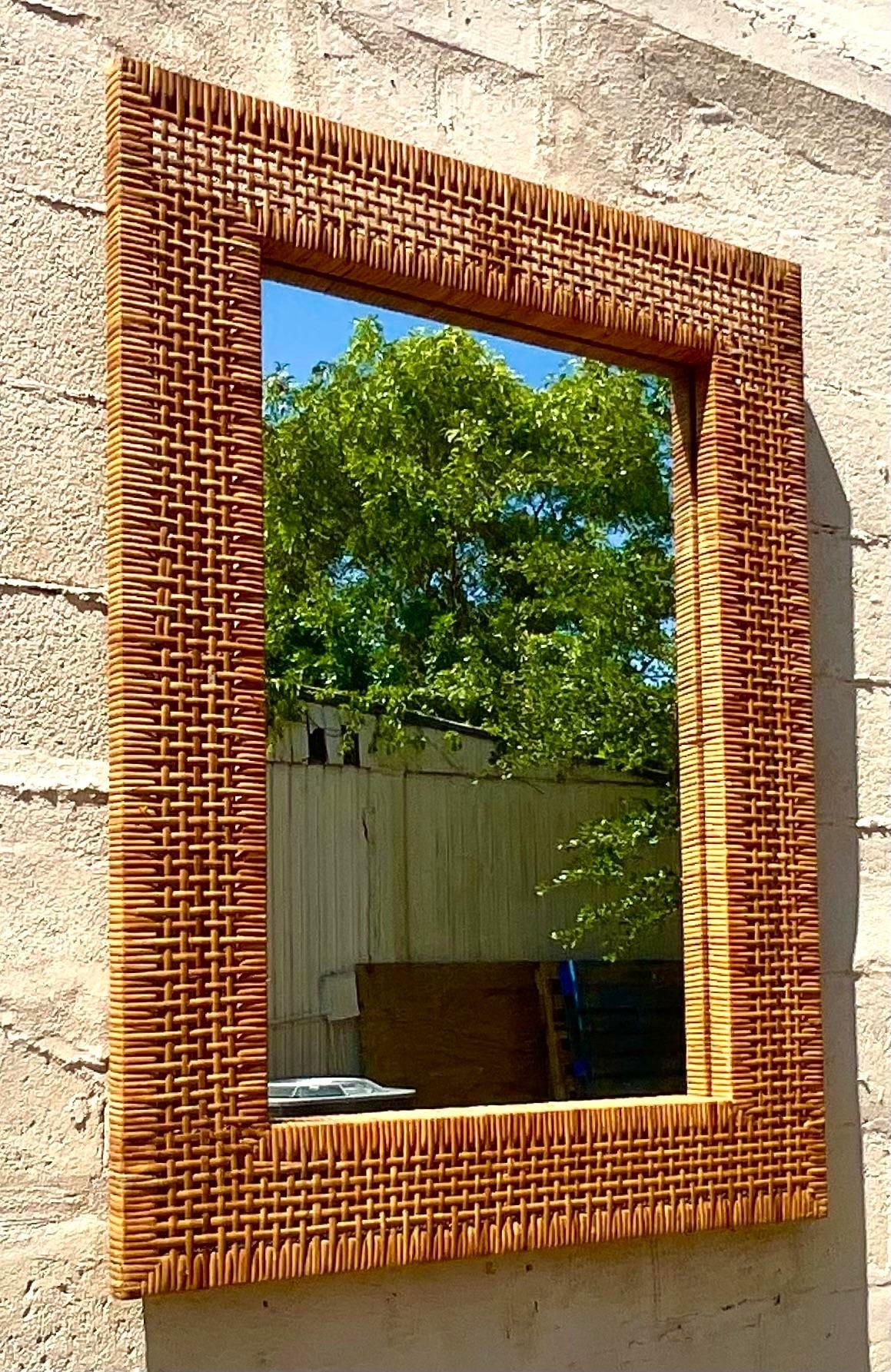 Vintage Coastal Woven Rattan Mirror For Sale at 1stDibs