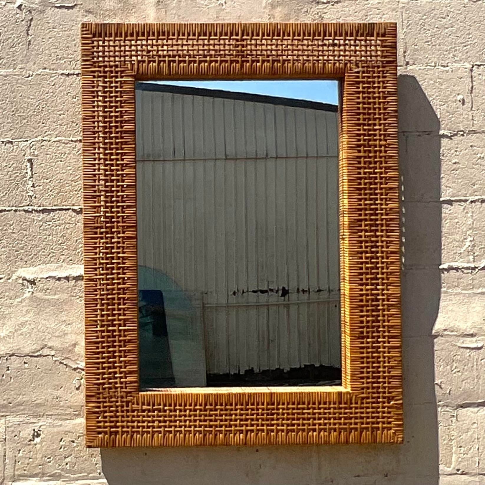 Vintage Coastal Woven Rattan Mirror For Sale at 1stDibs