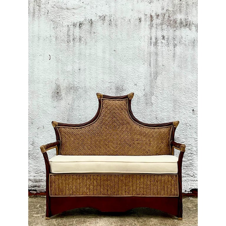 Vintage Coastal Woven Rattan Pagoda Bench at 1stDibs