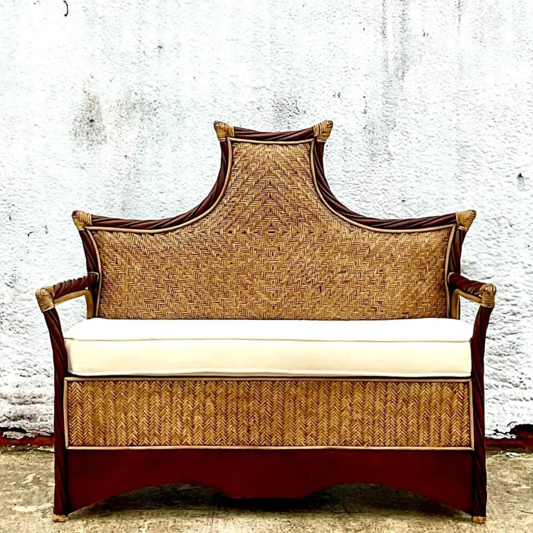 Vintage Coastal Woven Rattan Pagoda Bench at 1stDibs