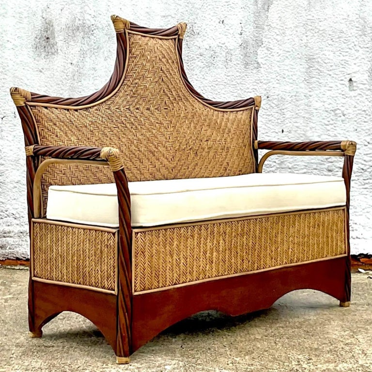 Vintage Coastal Woven Rattan Pagoda Bench at 1stDibs