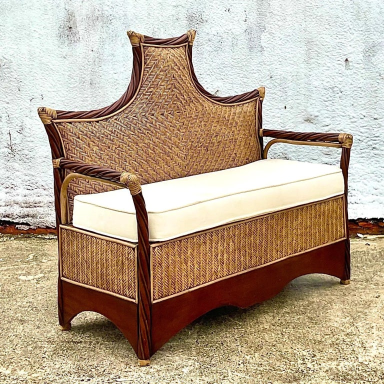 Vintage Coastal Woven Rattan Pagoda Bench at 1stDibs