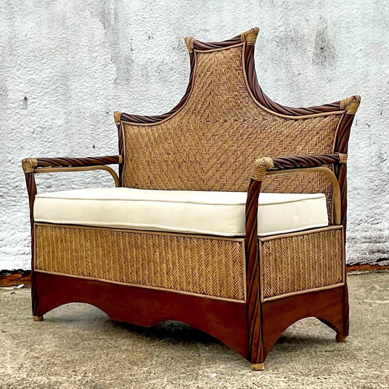 Vintage Coastal Woven Rattan Pagoda Bench at 1stDibs