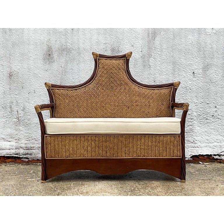 Vintage Coastal Woven Rattan Pagoda Bench at 1stDibs