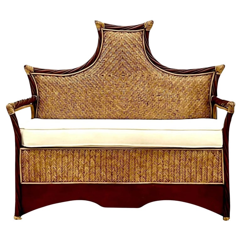 Vintage Coastal Woven Rattan Pagoda Bench at 1stDibs