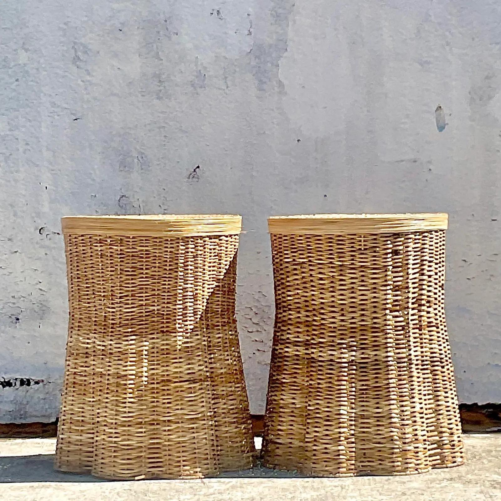 Vintage Coastal Woven Rattan Ruffle Trim Side Tables, a Pair at 1stDibs