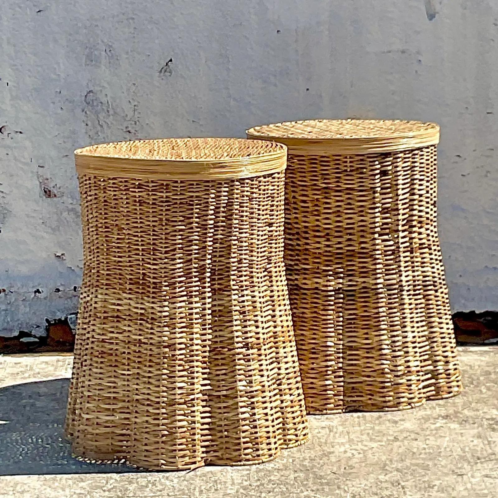 Vintage Coastal Woven Rattan Ruffle Trim Side Tables, a Pair at 1stDibs