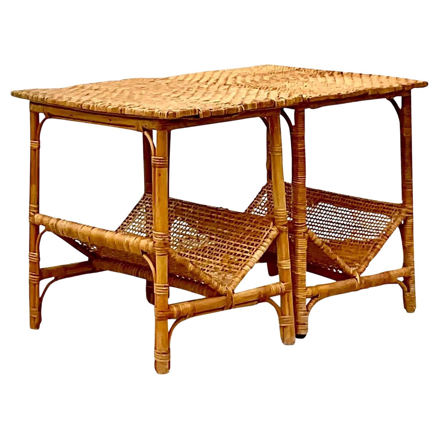 Vintage Coastal Woven Rattan Side Tables, a Pair at 1stDibs