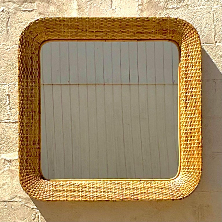 Vintage Coastal Woven Rattan Square Mirror at 1stDibs