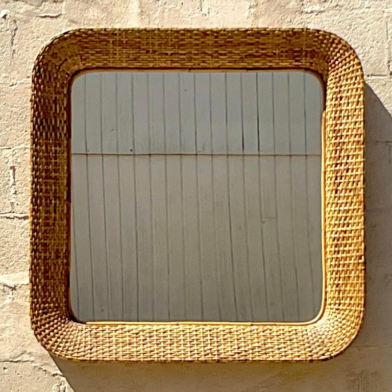 Vintage Coastal Woven Rattan Square Mirror at 1stDibs