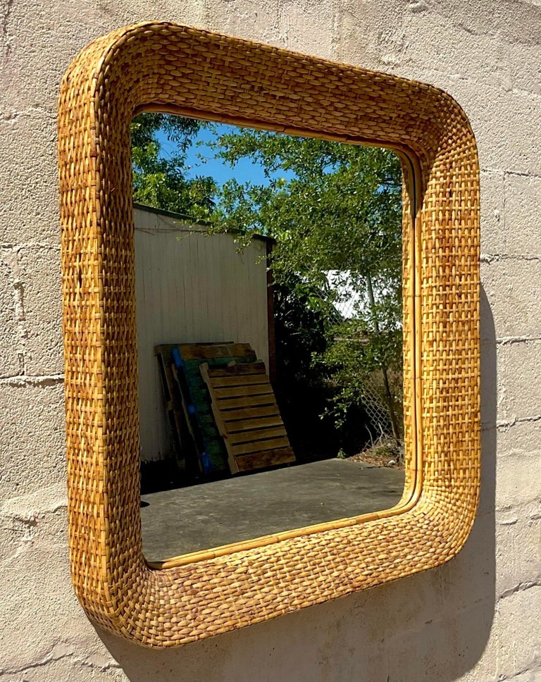 Vintage Coastal Woven Rattan Square Mirror at 1stDibs