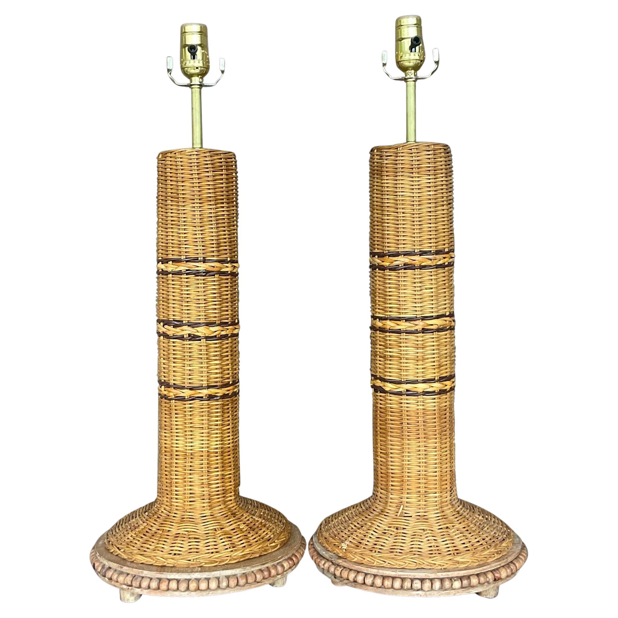 Hand Woven Caned Rattan Table Lamp, France 1970’s For Sale at 1stDibs
