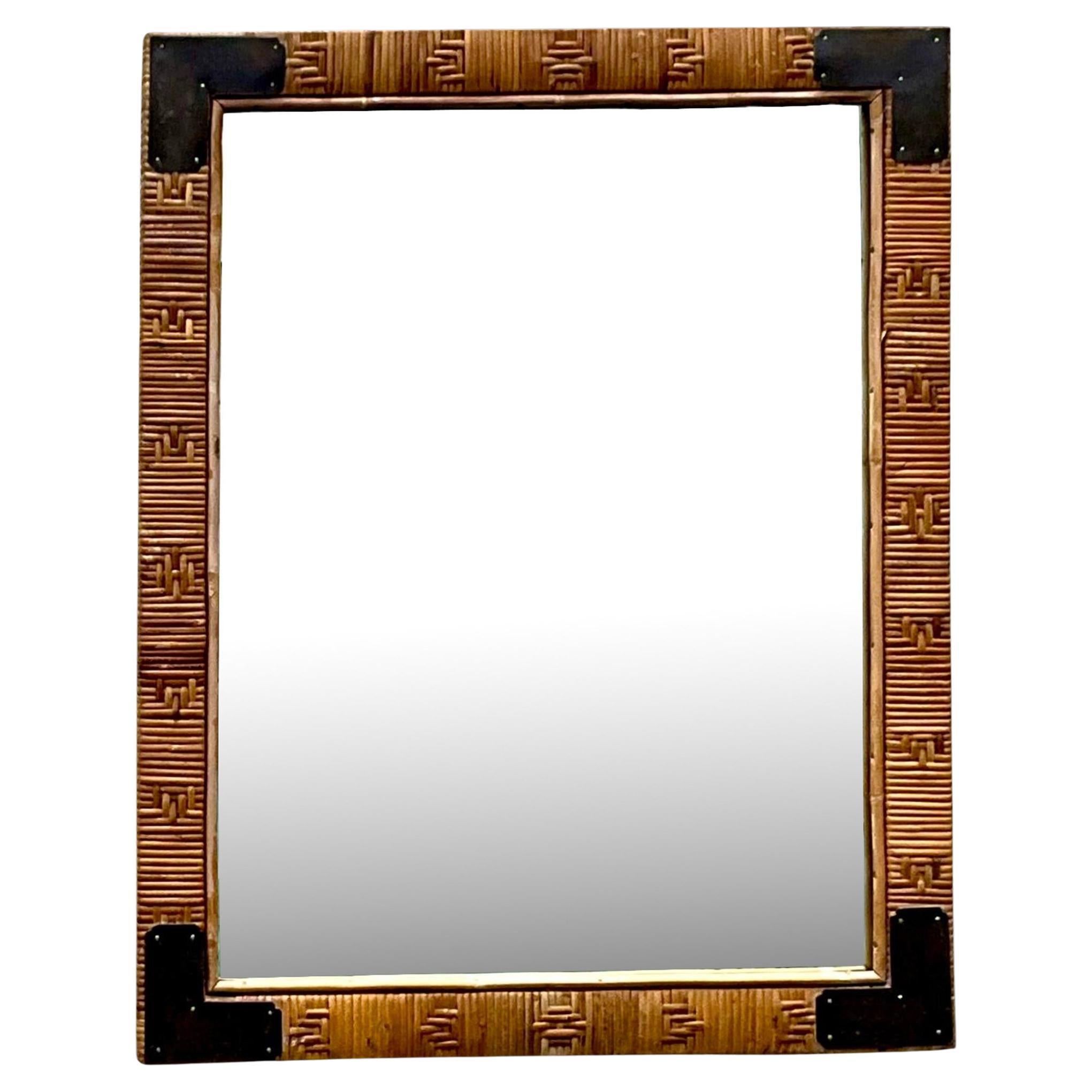 Vintage Coastal Wrapped Rattan Campaign Mirror For Sale at 1stDibs
