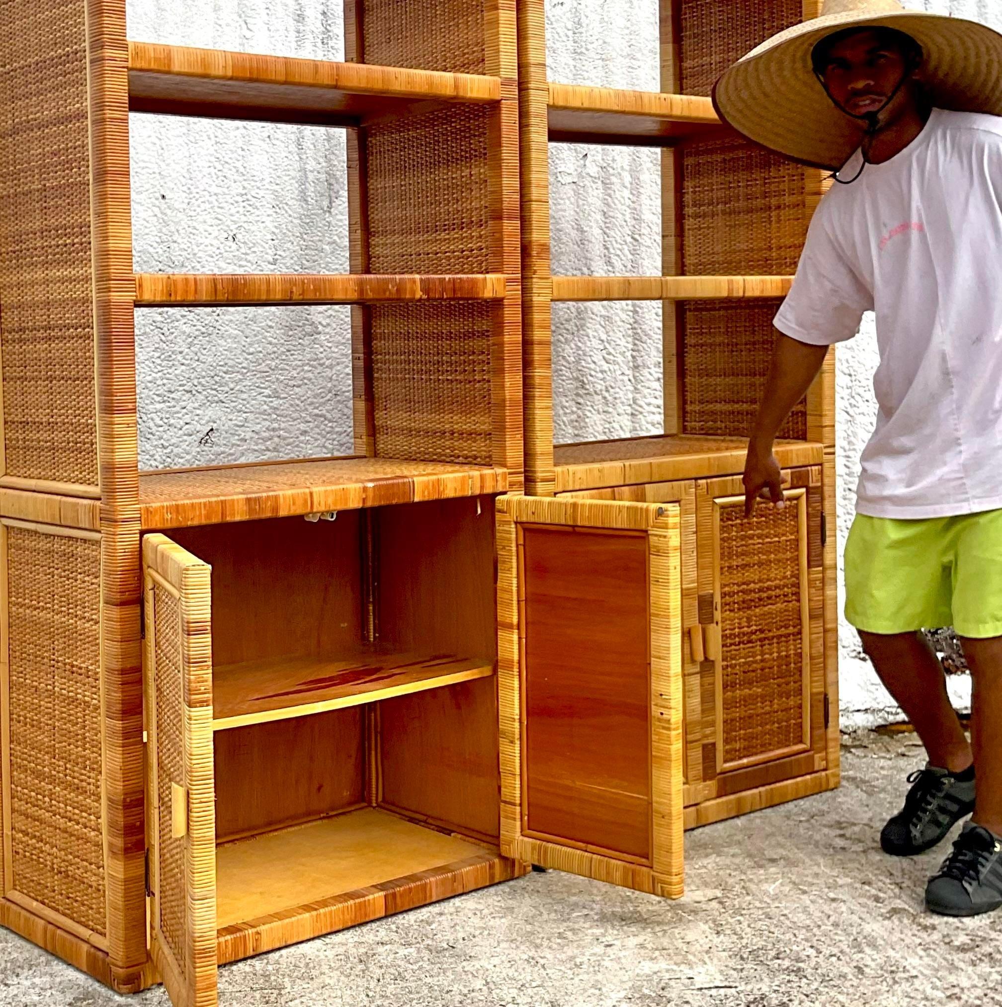 Vintage Coastal Wrapped Rattan Etagere - a Pair For Sale at 1stDibs