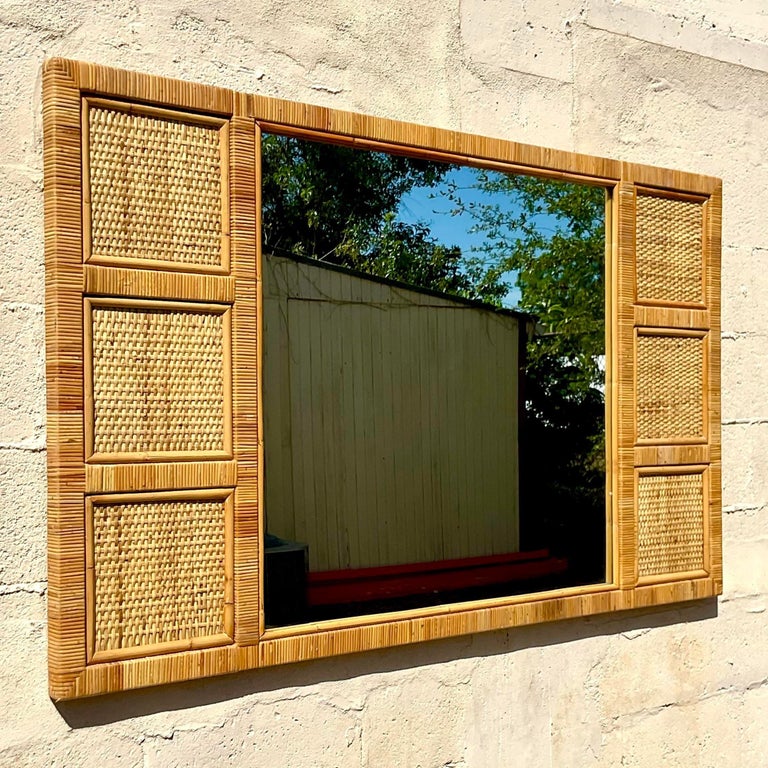 Vintage Coastal Wrapped Rattan Horizontal Mirror For Sale at 1stDibs