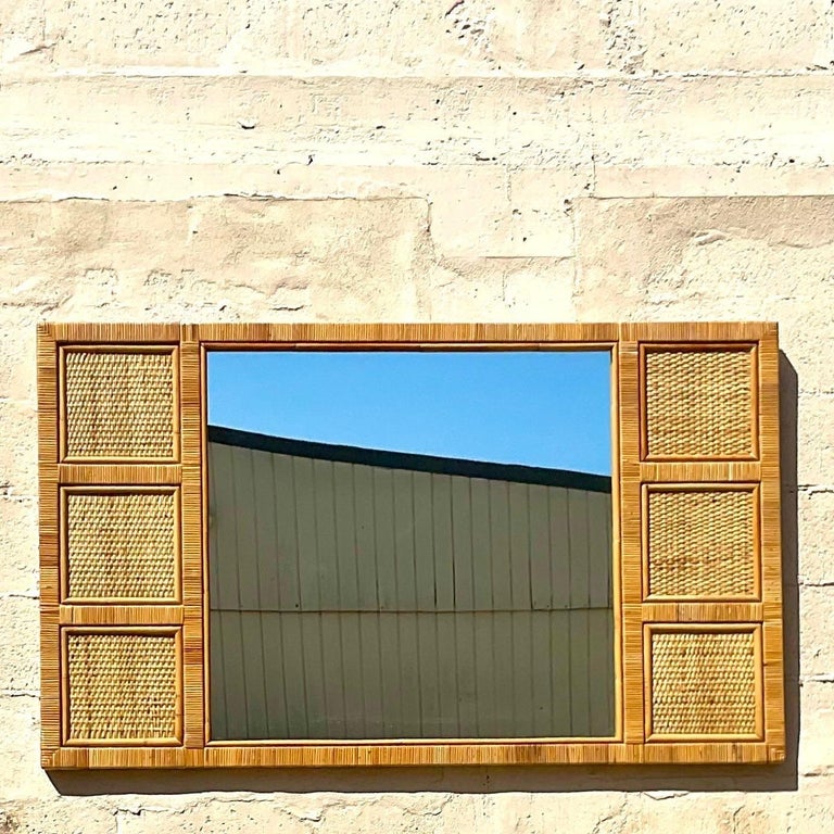Vintage Coastal Wrapped Rattan Horizontal Mirror For Sale at 1stDibs
