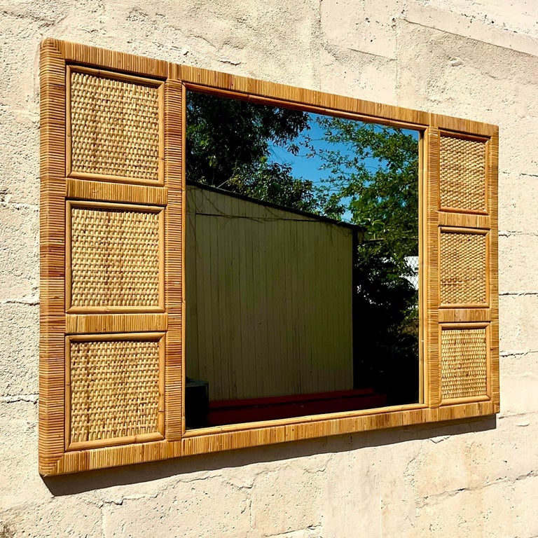 Vintage Coastal Wrapped Rattan Horizontal Mirror For Sale at 1stDibs