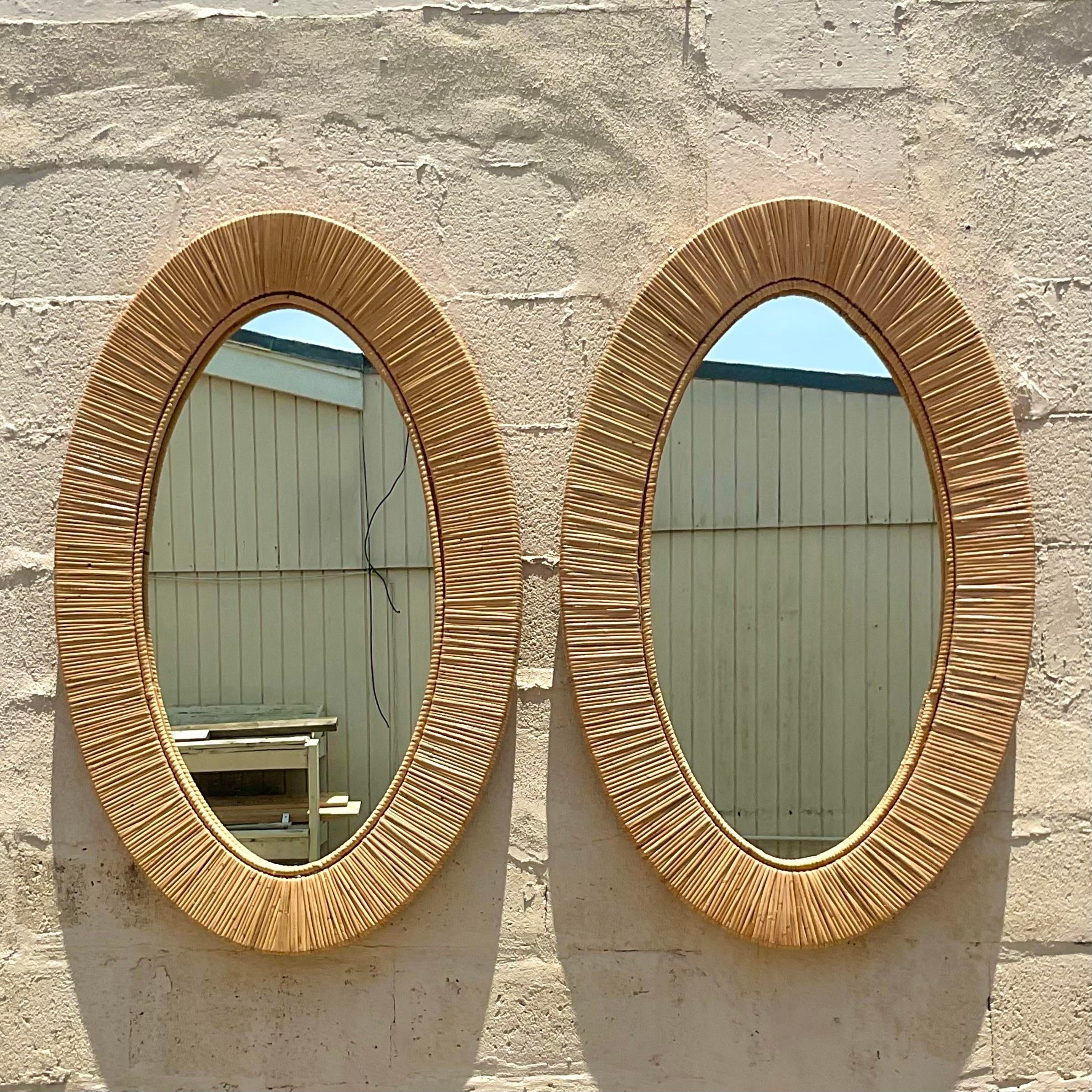 Vintage Coastal Wrapped Rattan Oval Mirrors - a Pair For Sale at 1stDibs