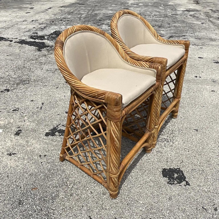Vintage Coastl Twisted Rattan Barstools, a Pair For Sale at 1stDibs