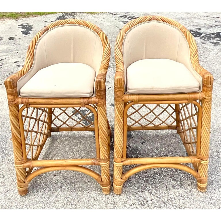 Vintage Coastl Twisted Rattan Barstools, a Pair For Sale at 1stDibs
