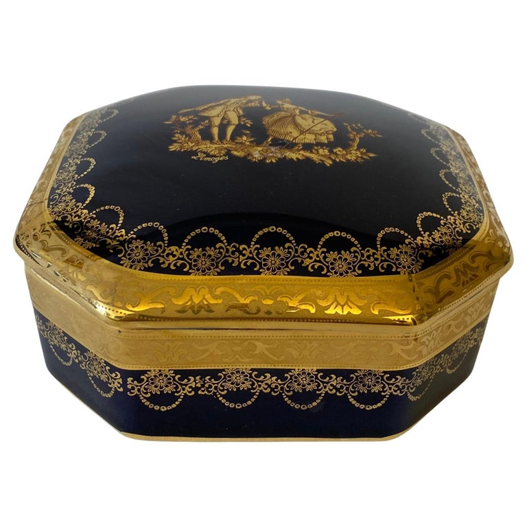 Vintage Cobalt Blue Royal Limoges Gold Trinket or Jewelry Box For Sale ...