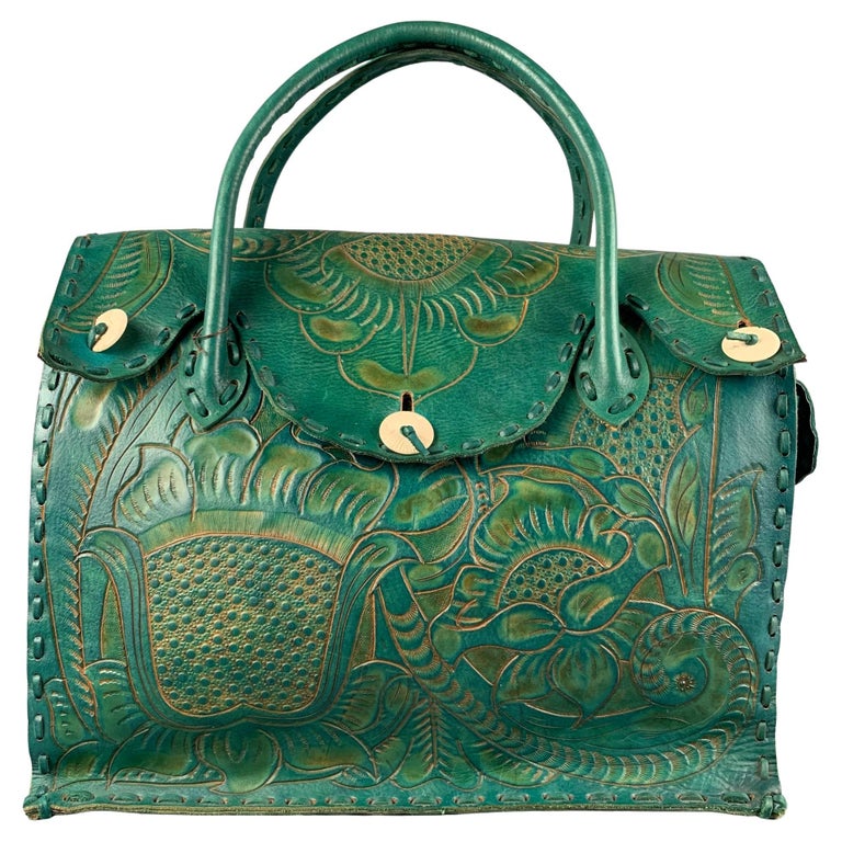 VINTAGE Cobalt Floral Antique Leather Carry-On Bag For Sale at 1stDibs