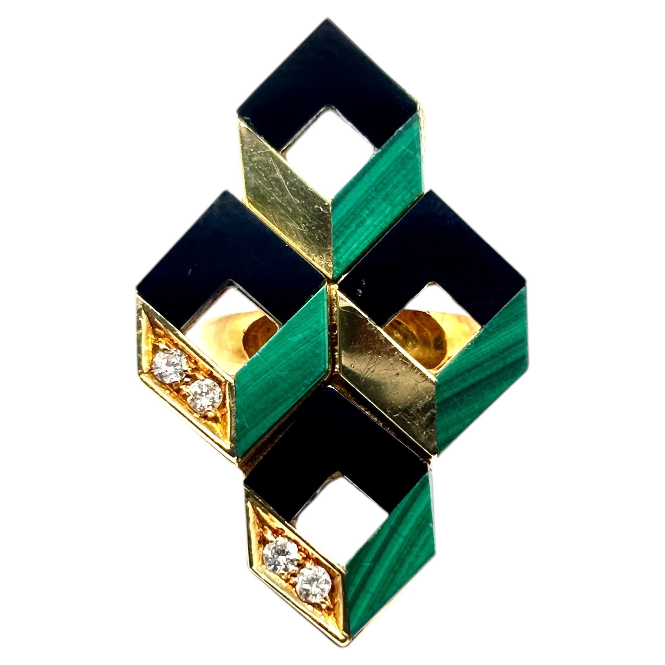 Vintage Geometric Ring 18K Gold Malachite, Onyx. Diamonds, circa 1980 ...