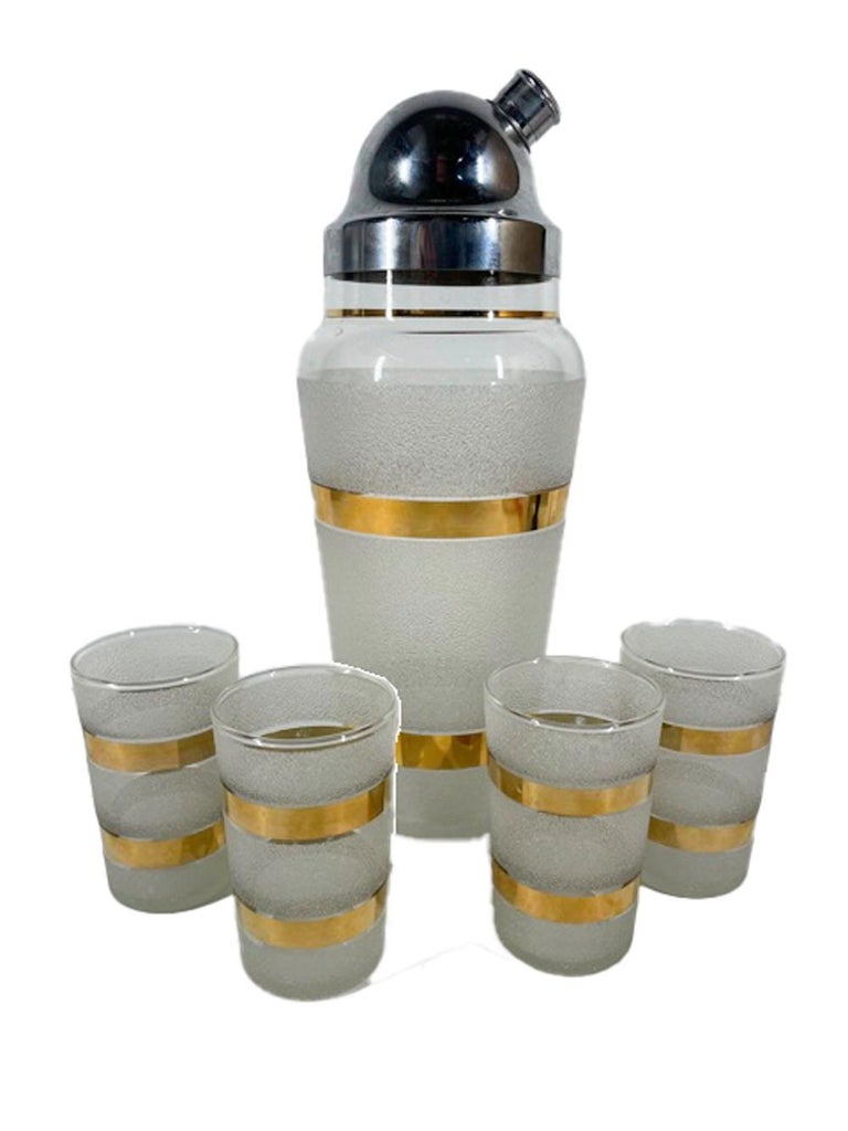 Vintage Cocktail Shaker Set with Gold Bands and Textured Frosted ...