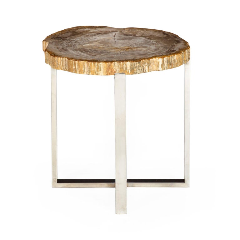 Vintage Cocktail Side Table, Chrome Steel with Polished Petrified Wood ...