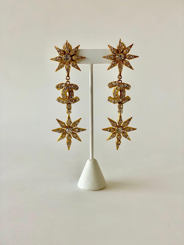 Vintage Coco Chanel Diamanté Logo Statement Earrings at 1stDibs