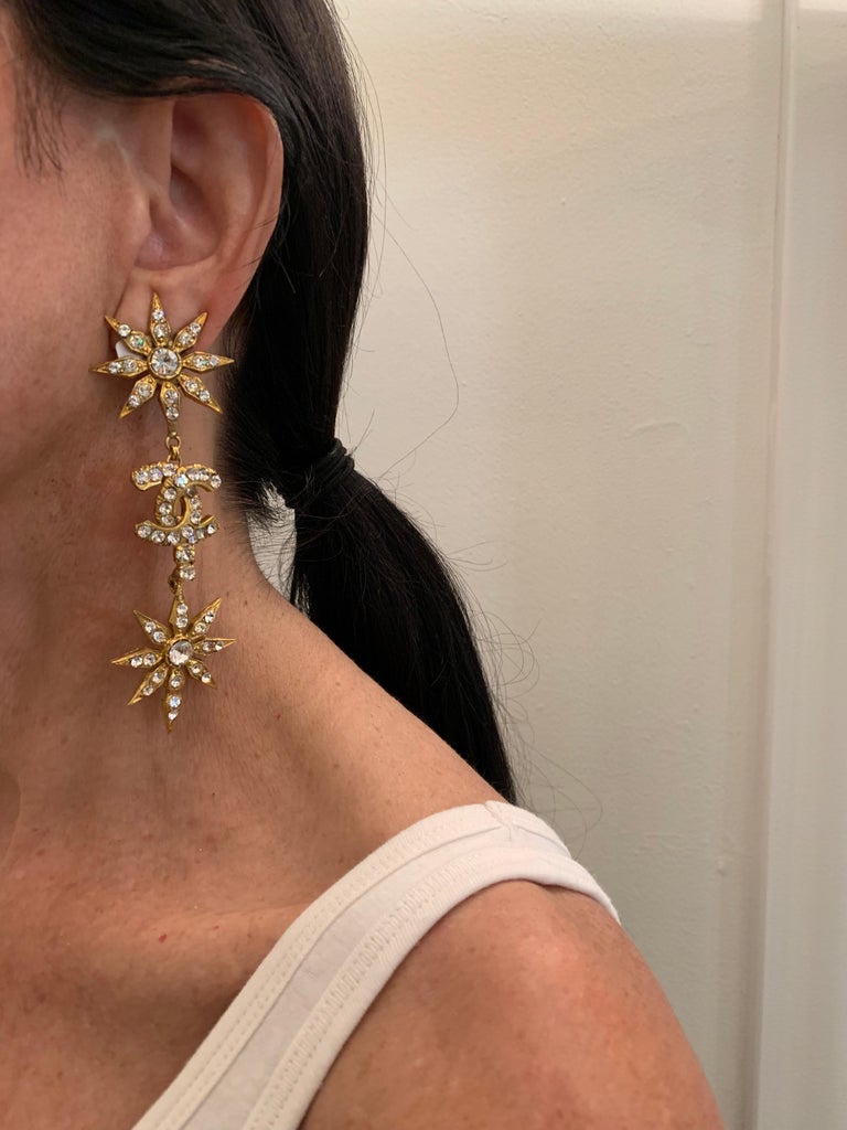 Vintage Coco Chanel Diamanté Logo Statement Earrings at 1stDibs