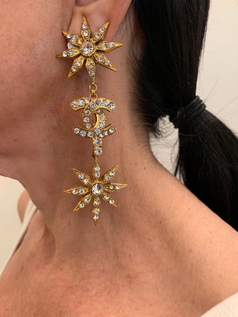 Vintage Coco Chanel Diamanté Logo Statement Earrings at 1stDibs