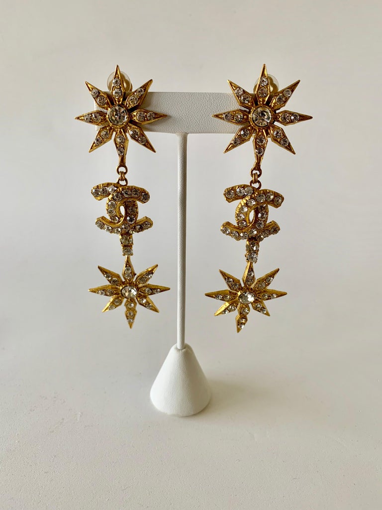 Vintage Coco Chanel Diamanté Logo Statement Earrings at 1stDibs