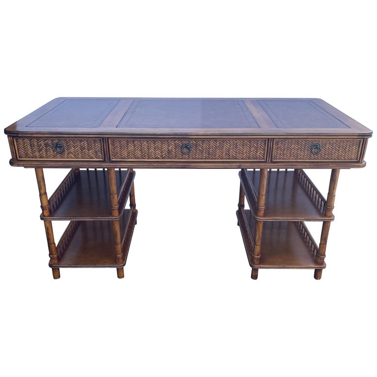 Vintage Colonial Style Faux Bamboo Writing Desk With Glass Top at ...