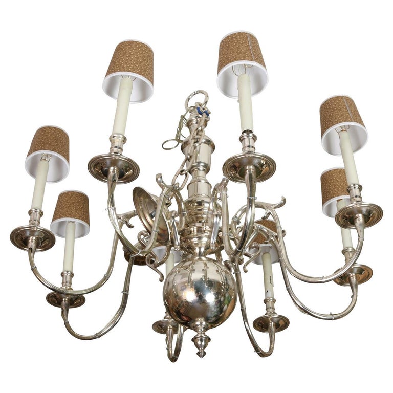 Vintage Colonial Style Silver Eight Arm Chandelier For Sale at 1stDibs