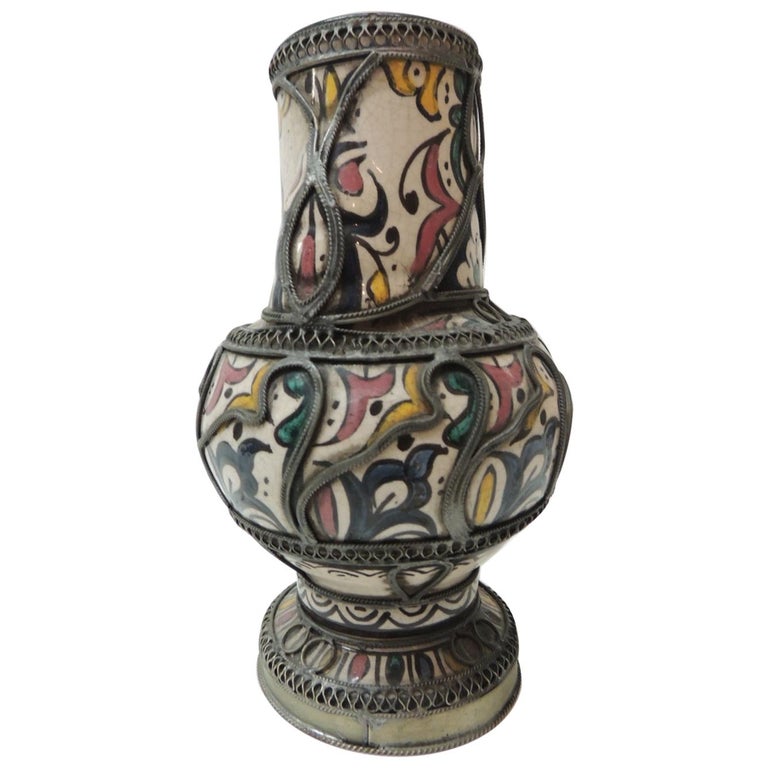 Vintage Colorful Moroccan Ceramic Vase Adorned with Metal Filigree ...