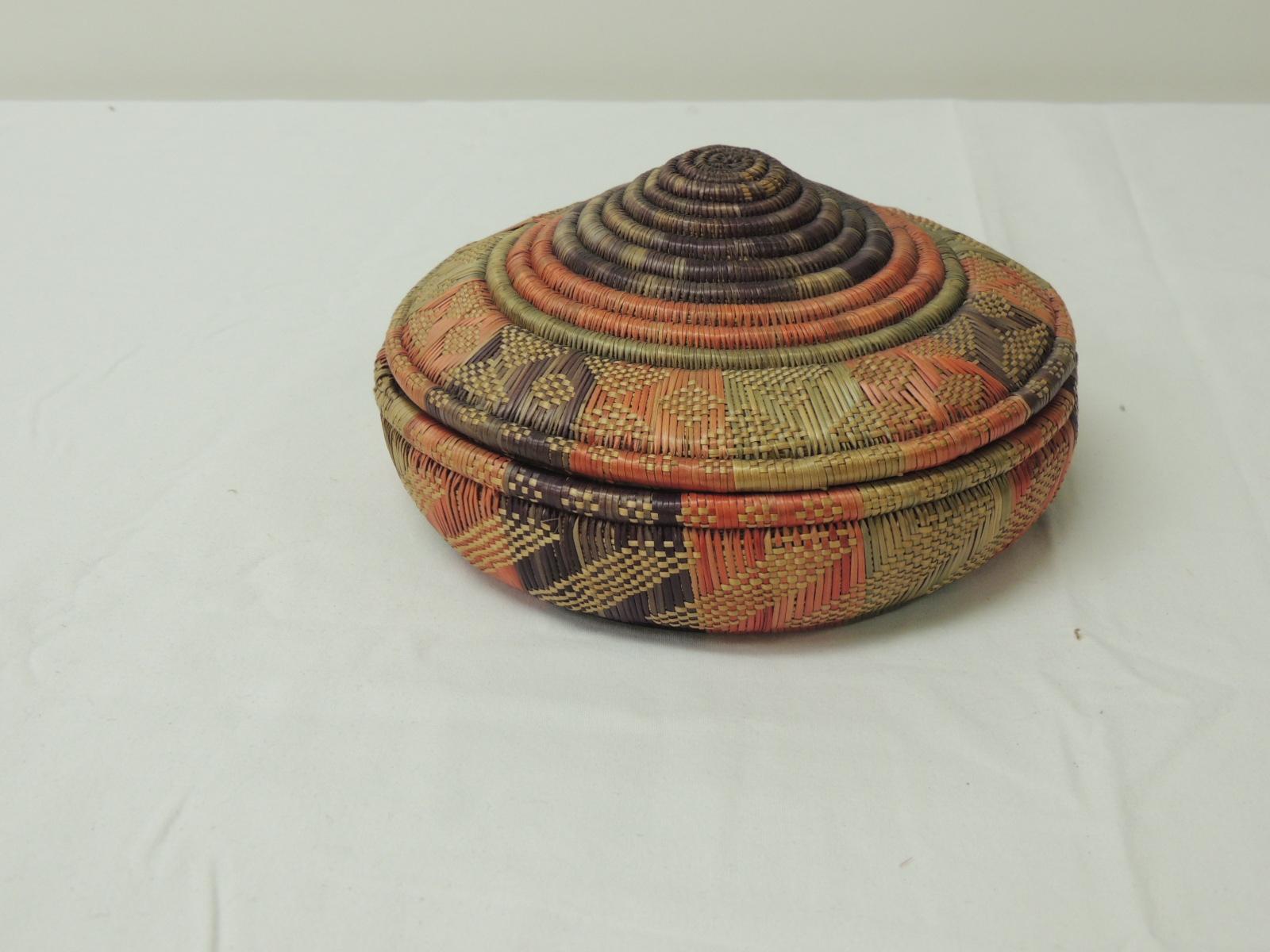 Vintage Colorful Round Lidded African Basket at 1stDibs