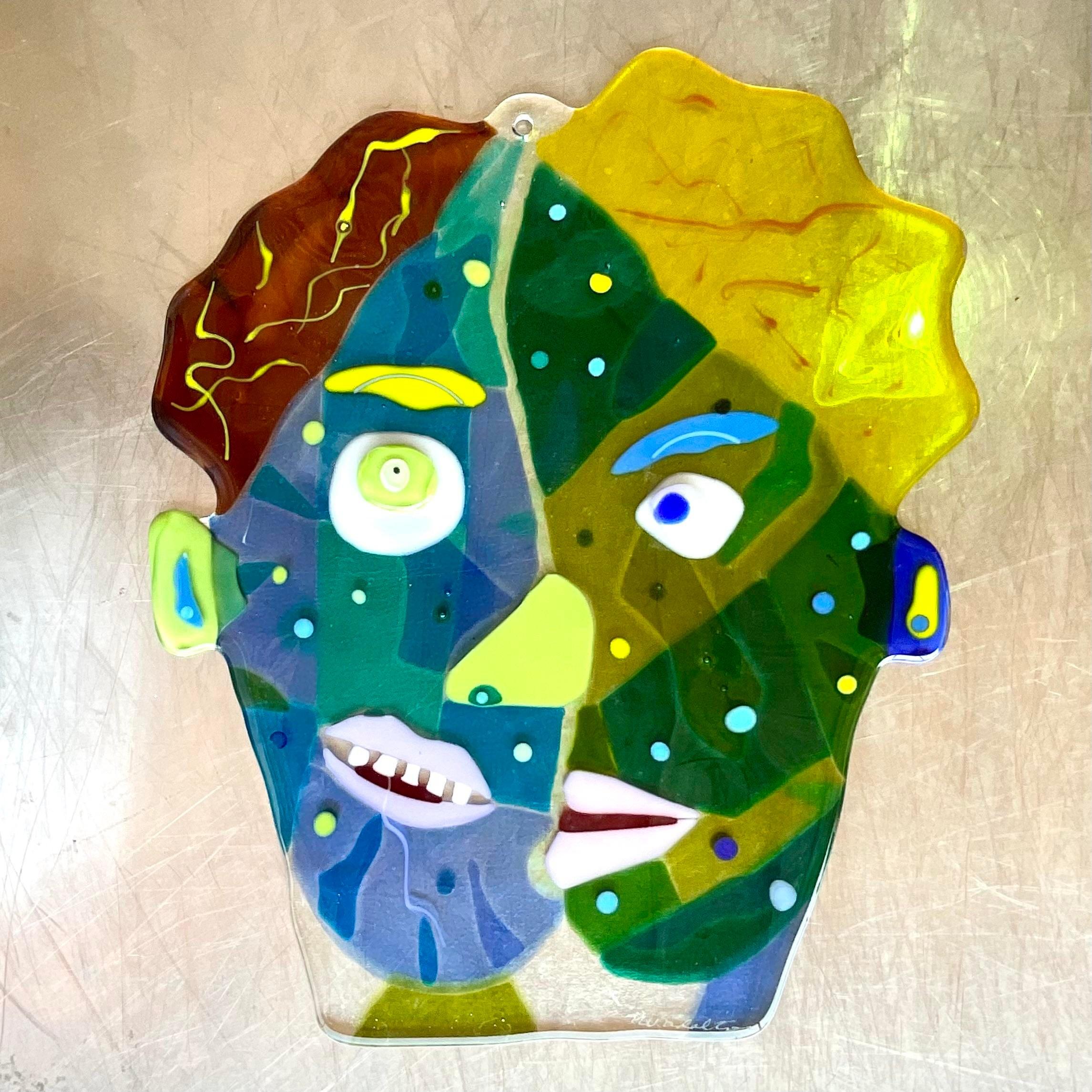 Vintage Contemporary Fused Glass Faces Wall Sculpture For Sale at 1stDibs