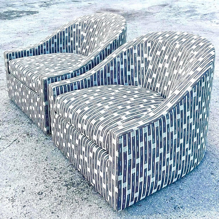 Vintage Contemporary Ikat Swivel Chairs - a Pair For Sale at 1stDibs
