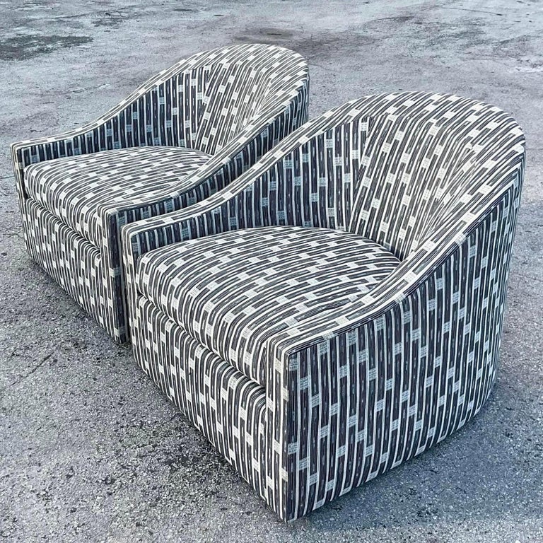 Vintage Contemporary Ikat Swivel Chairs - a Pair For Sale at 1stDibs