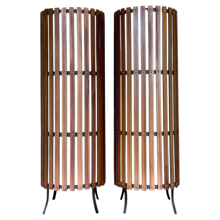Vintage Contemporary Modernist Walnut Slat Cylinder Floor Lamps, a Pair ...
