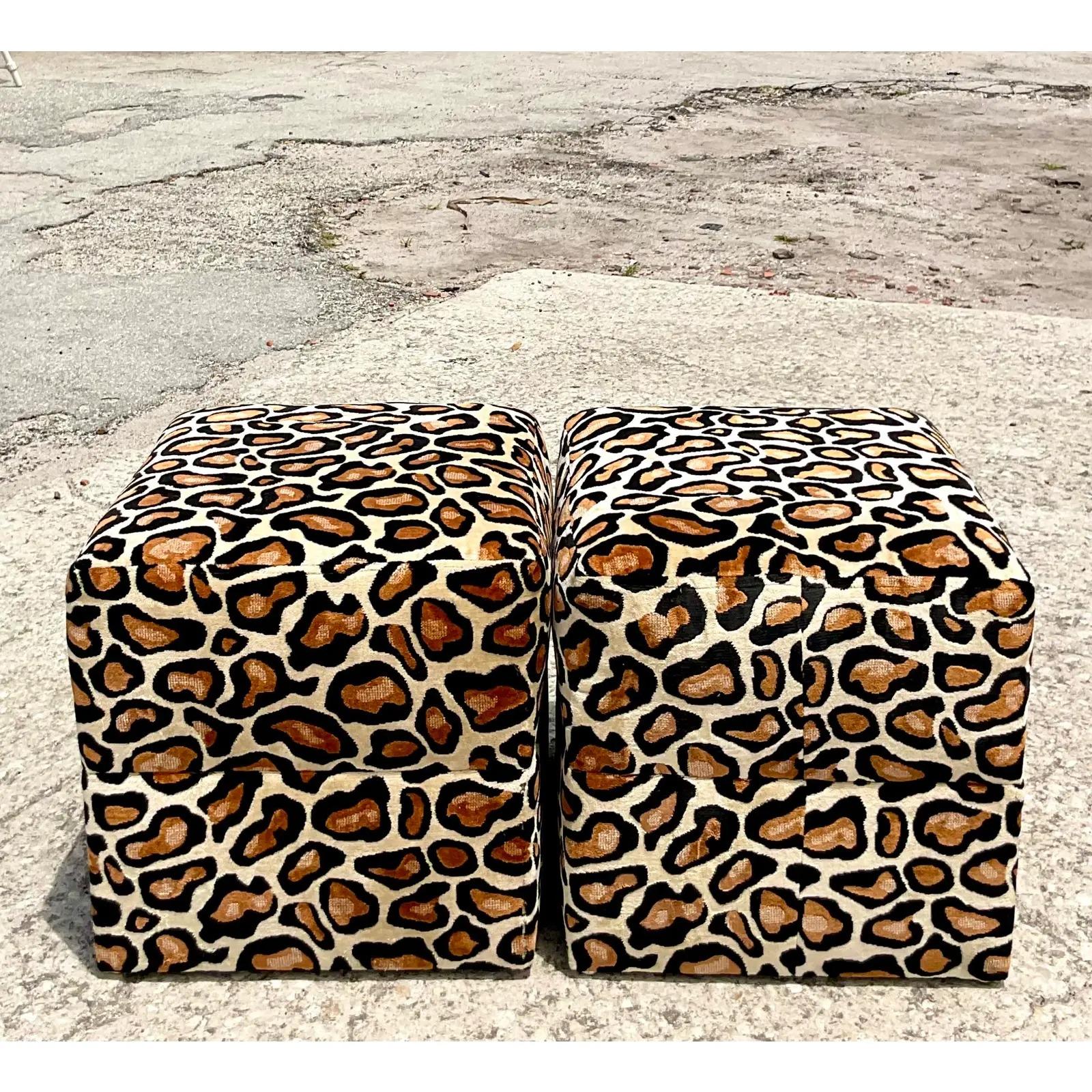 Vintage Contemporary Printed Leopard Chenille Poofs - a Pair at 1stDibs