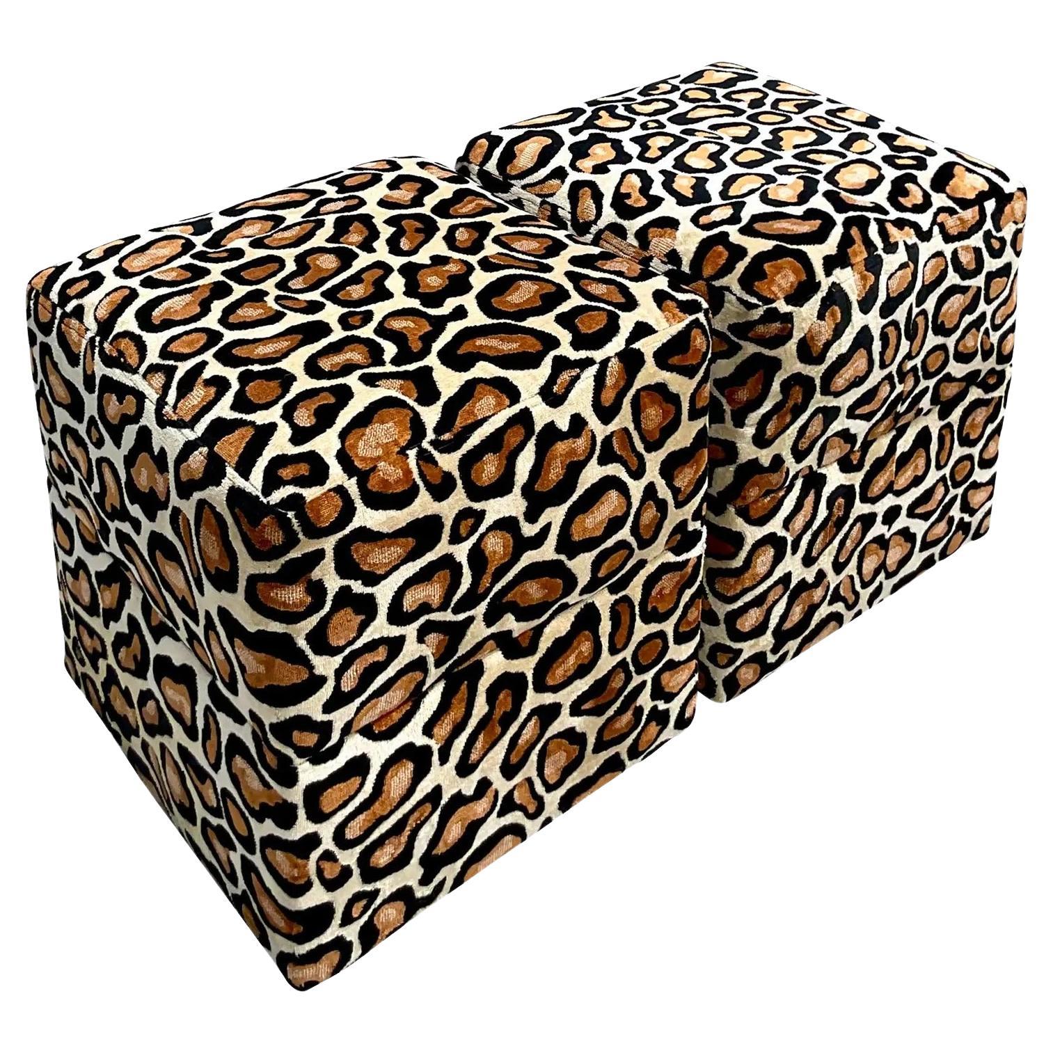 Vintage Contemporary Printed Leopard Chenille Poofs - a Pair at 1stDibs
