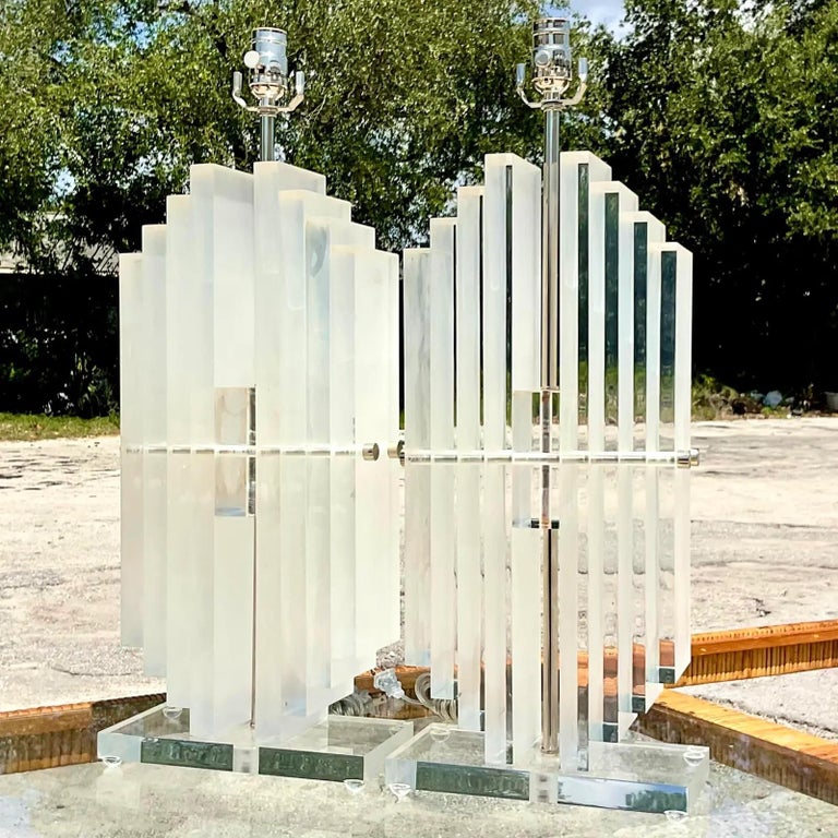 Vintage Contemporary Stacked Lucite Skyscraper Lamps After Karl ...
